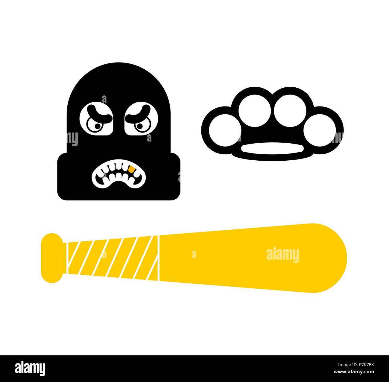 Criminal set icon. Robber sign. brass knuckles and baseball bat. Rogue ...