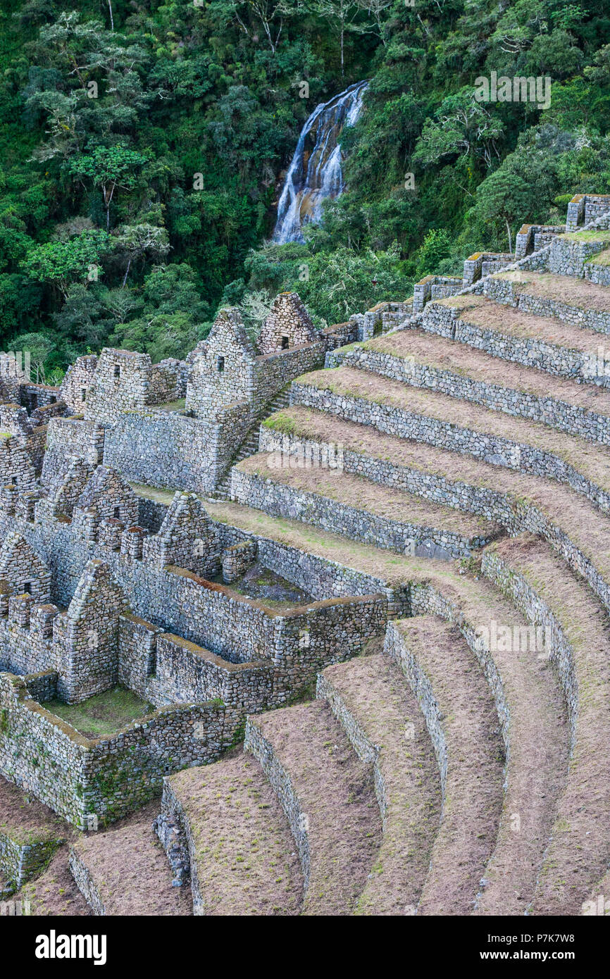 Inca Trail sightseen of an ancient stone ruin town with agriculture ...