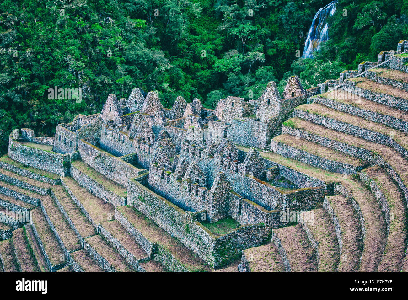 Inca Trail sightseen of an ancient stone ruin town with agriculture ...