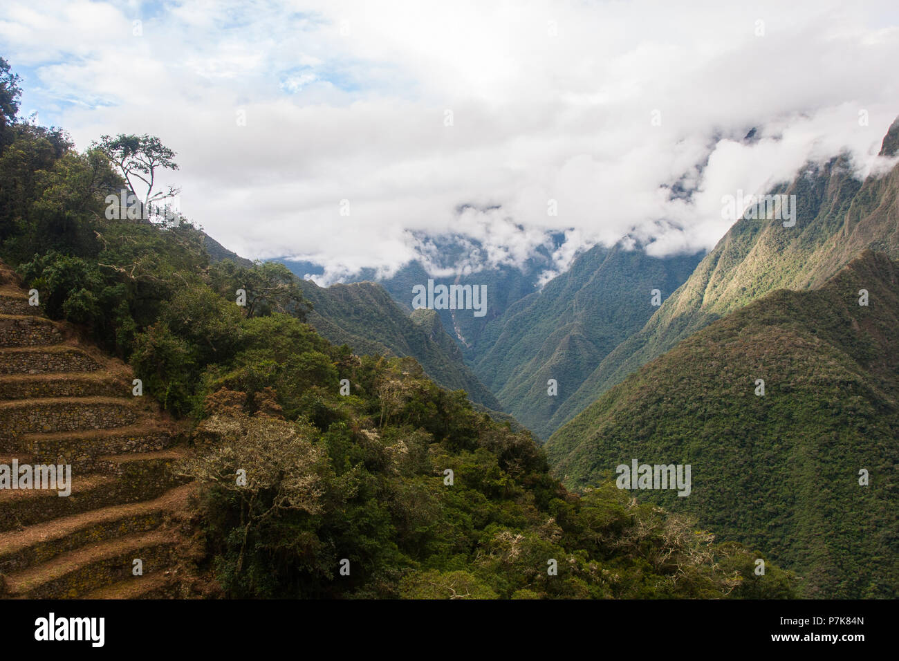 Landscape view of ancient Inca agriculture terrace with mountains and ...