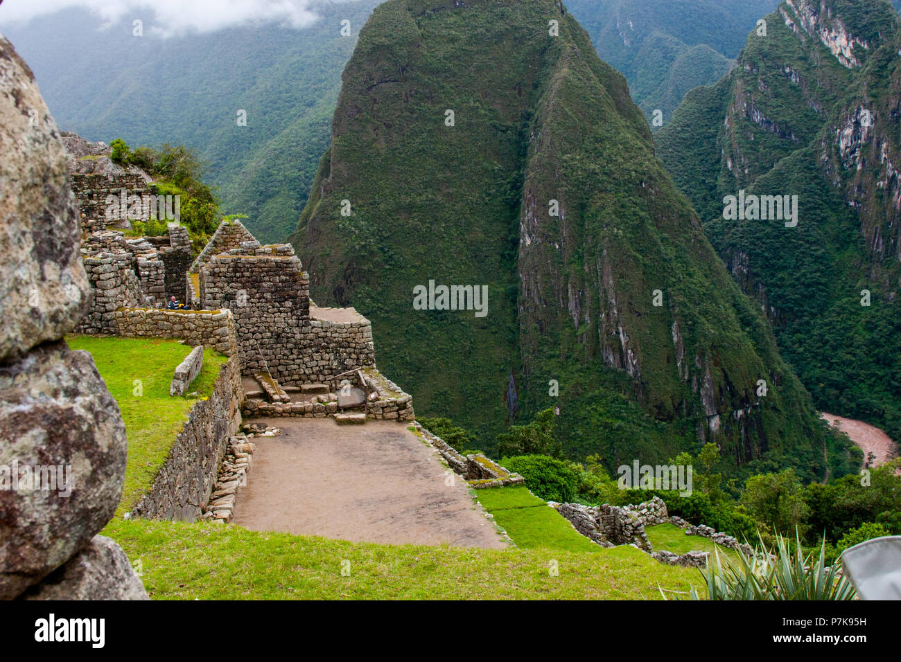From Machu Picchu farming terraces a view of the mountains and the red ...