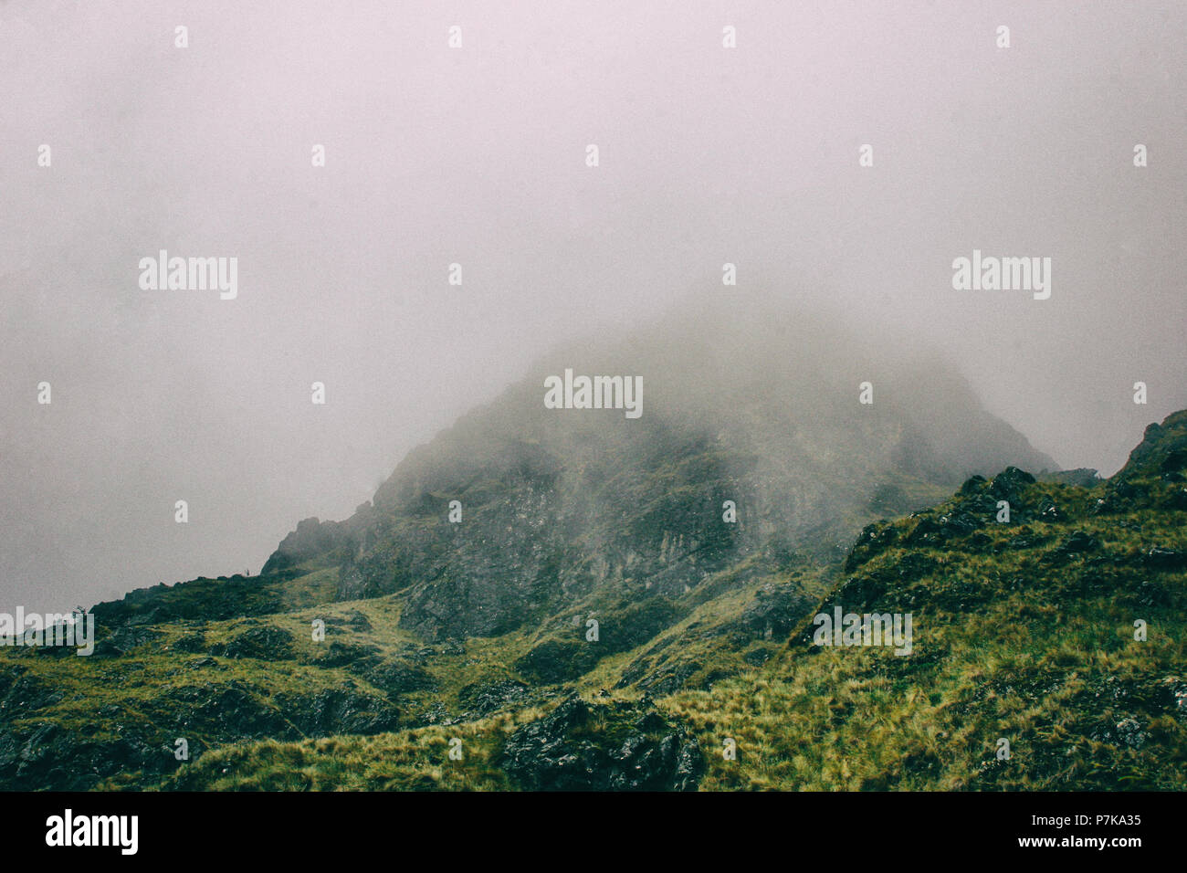 Panoramic view from the Inca Trail of the Andes with intense low clouds. Peru. South America. No ...