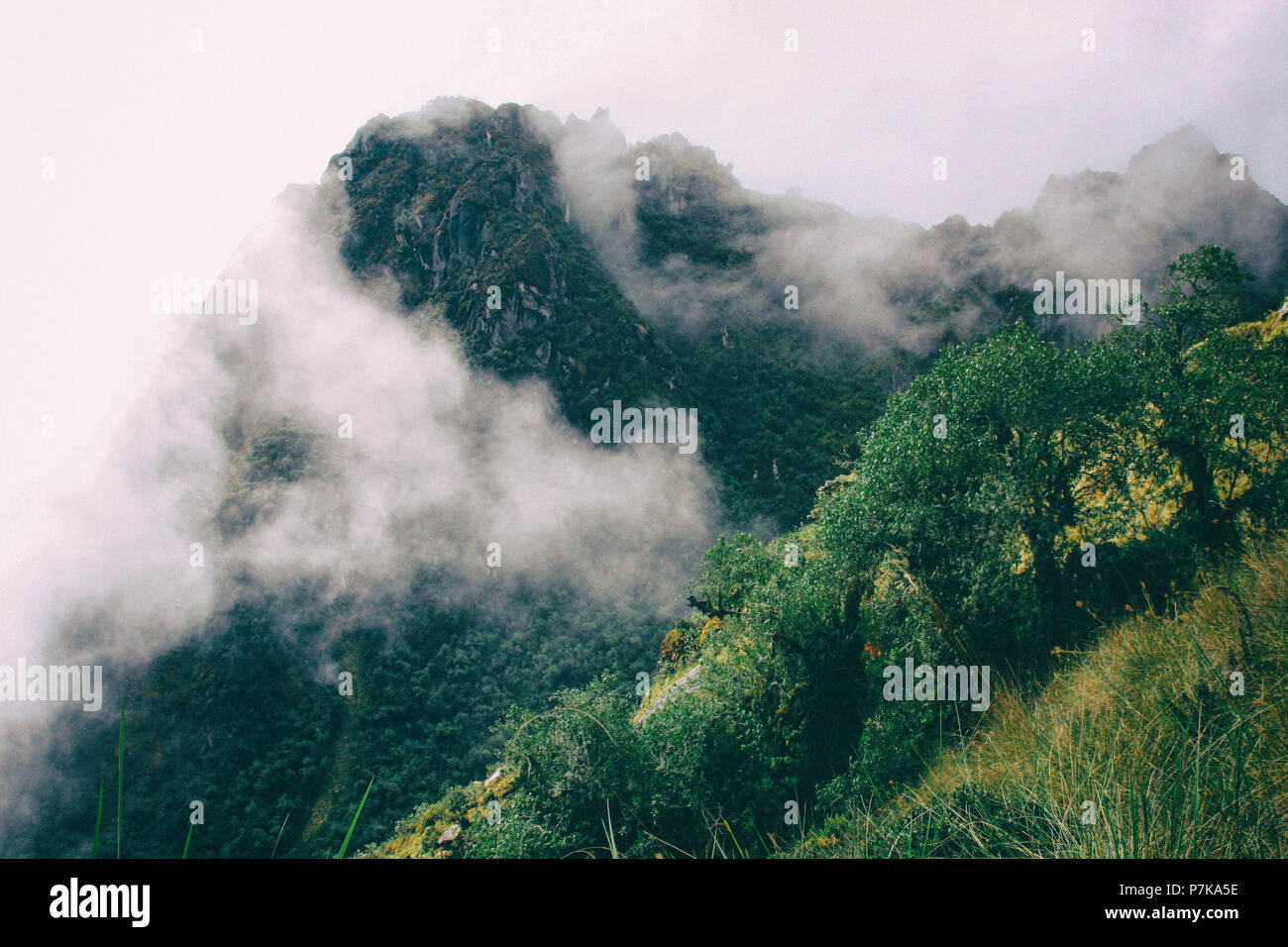 Panoramic view from the Inca Trail of the Andes with intense low clouds ...