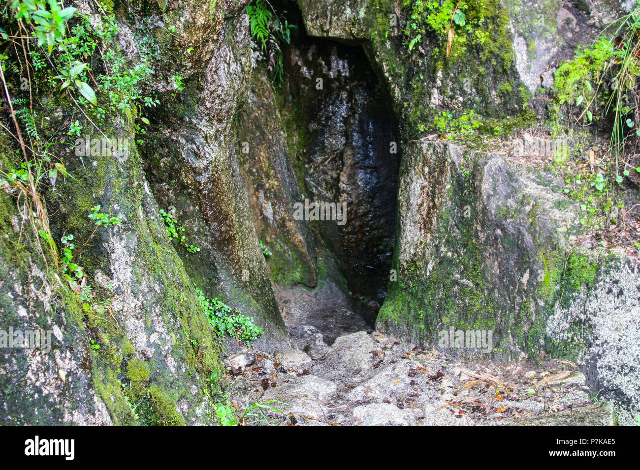 Ancient Inca Trail paved path to the lost city of Machu Picchu. Peru ...