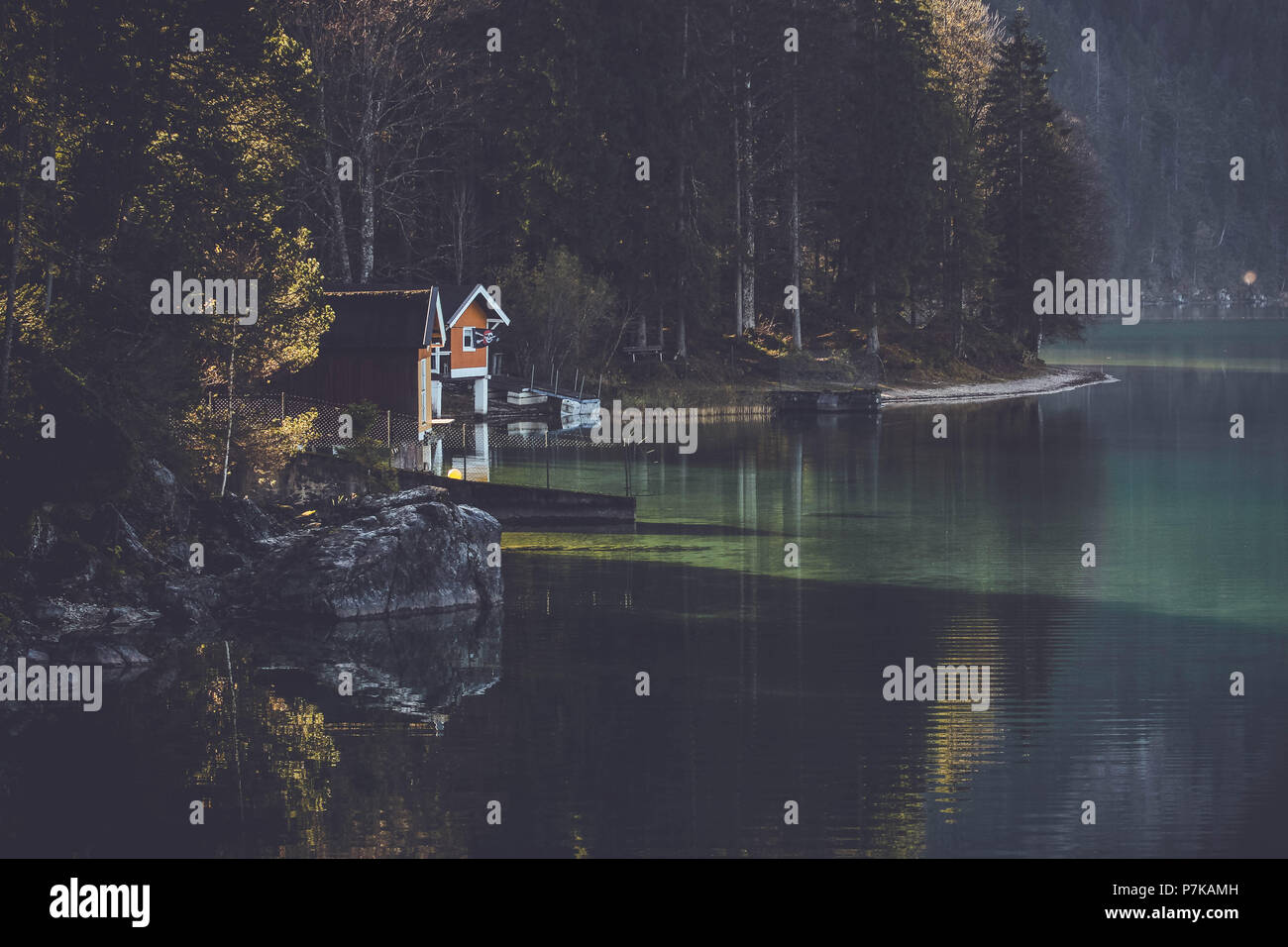 Germany, Bavaria, Eibsee, boat huts on the shore Stock Photo - Alamy