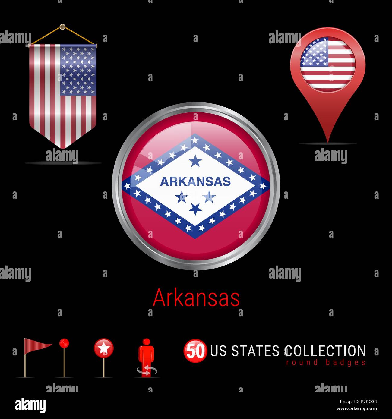 Round Chrome Vector Badge with Arkansas US State Flag. Pennant Flag of ...