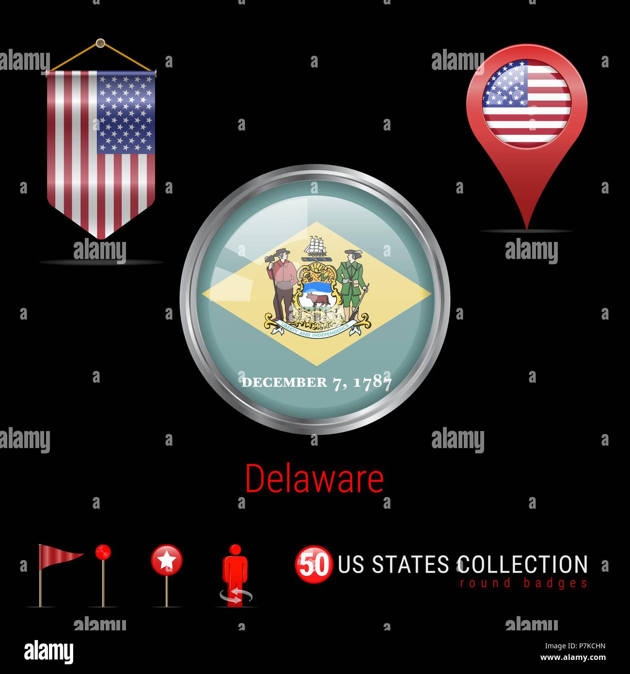 Round Chrome Vector Badge with Delaware US State Flag. Pennant Flag of ...