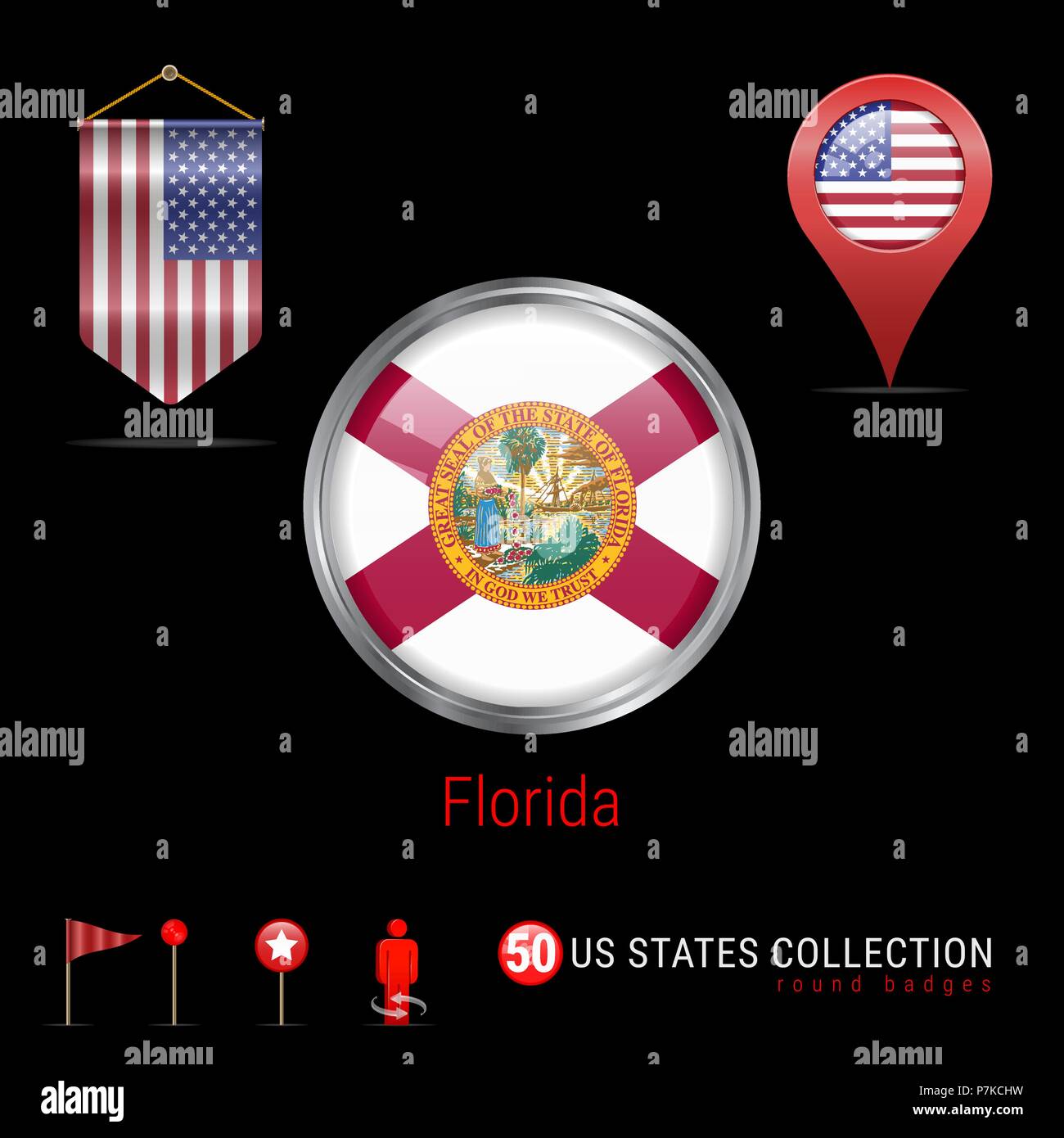 Round Chrome Vector Badge with Florida US State Flag. Pennant Flag of USA. Map Pointer - USA ...