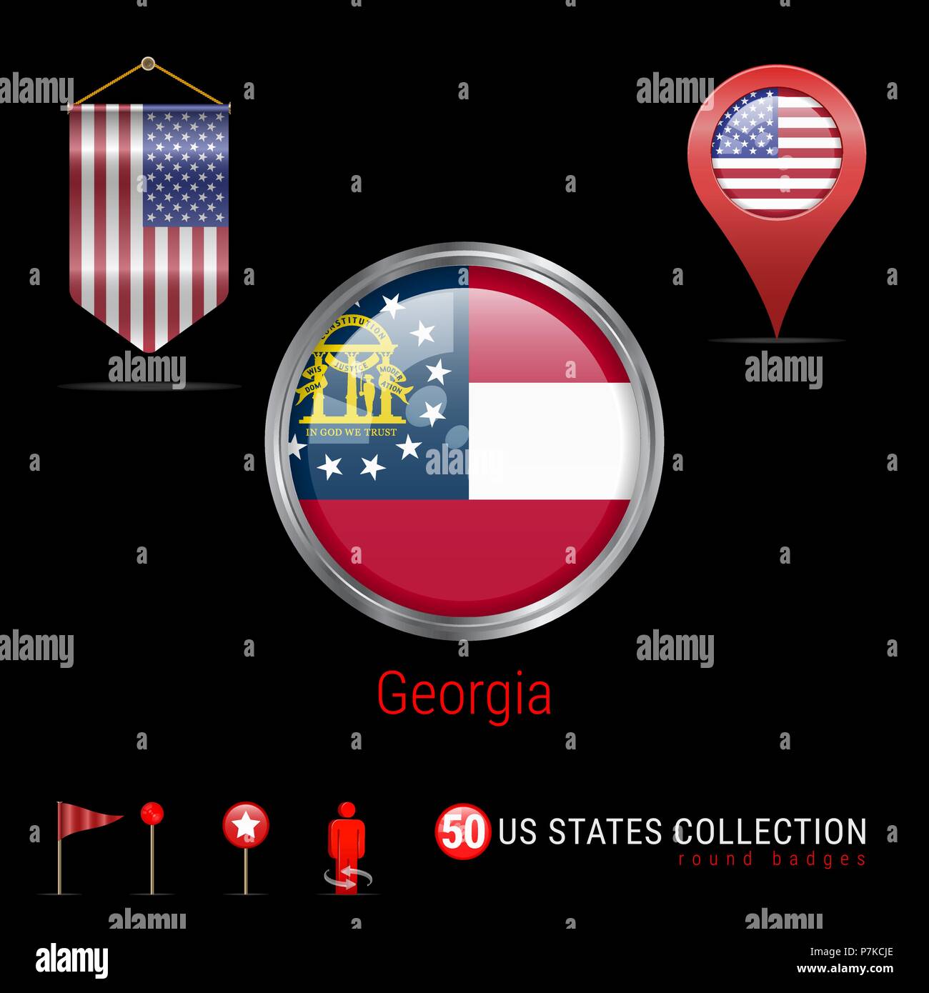 Round Chrome Vector Badge with Georgia US State Flag. Pennant Flag of USA. Map Pointer - USA ...