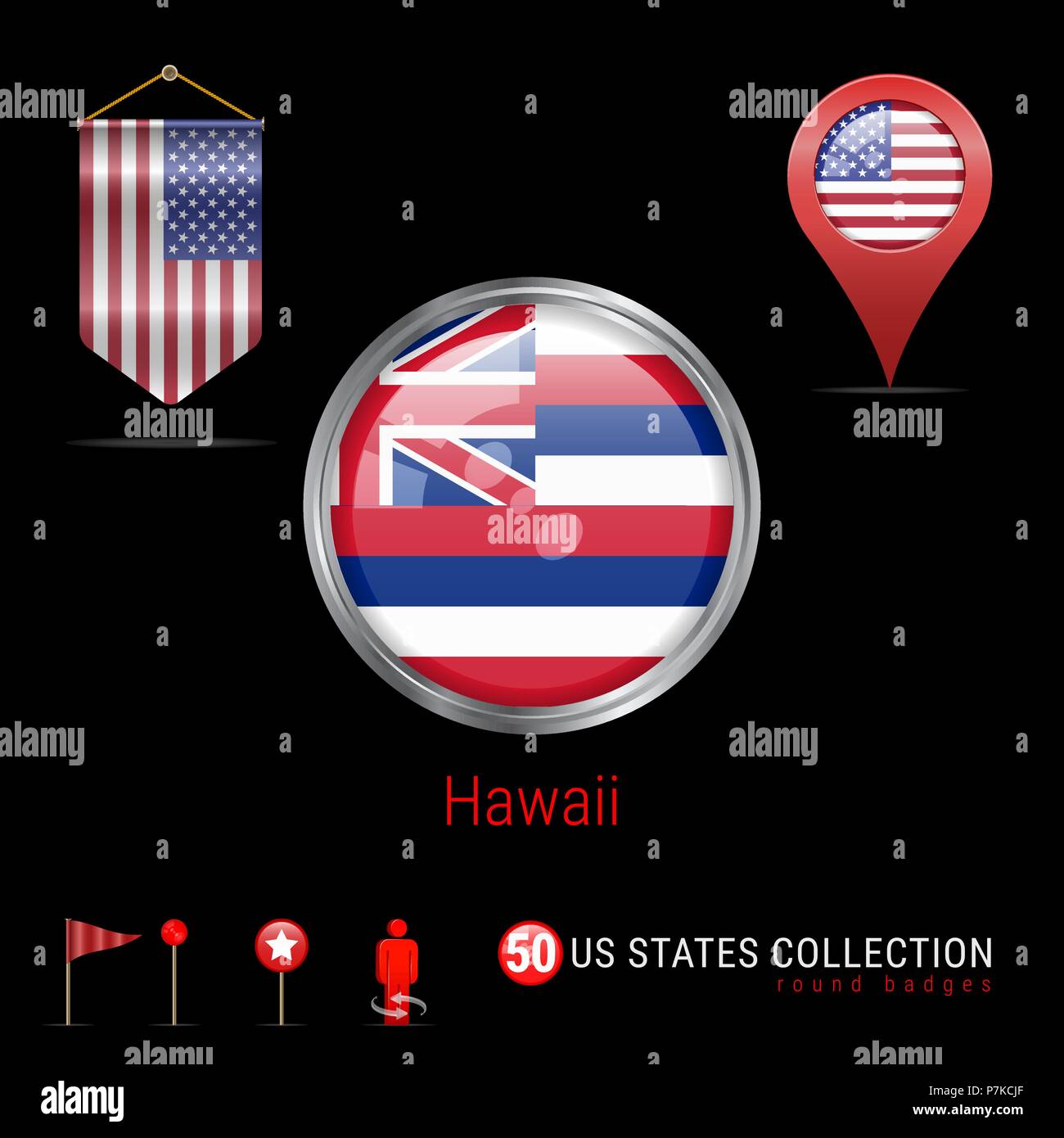 Round Chrome Vector Badge with Hawaii US State Flag. Pennant Flag of USA. Map Pointer - USA. Map ...