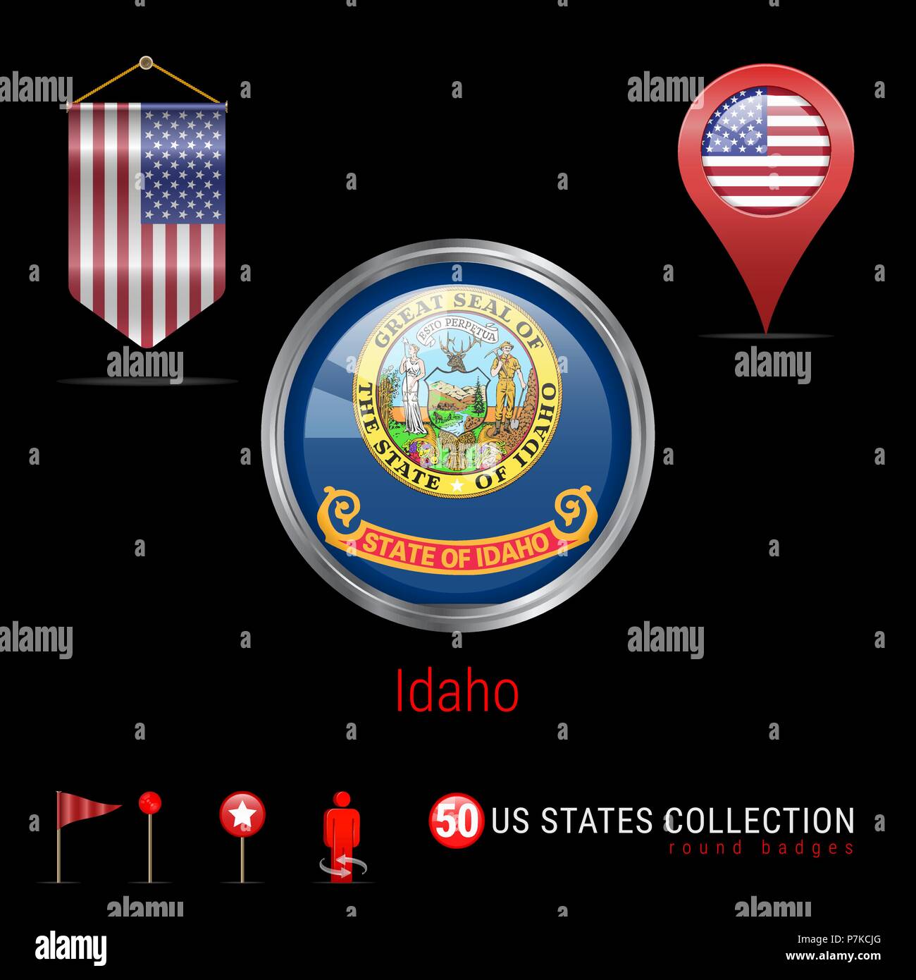 Round Chrome Vector Badge with Idaho US State Flag. Pennant Flag of USA ...
