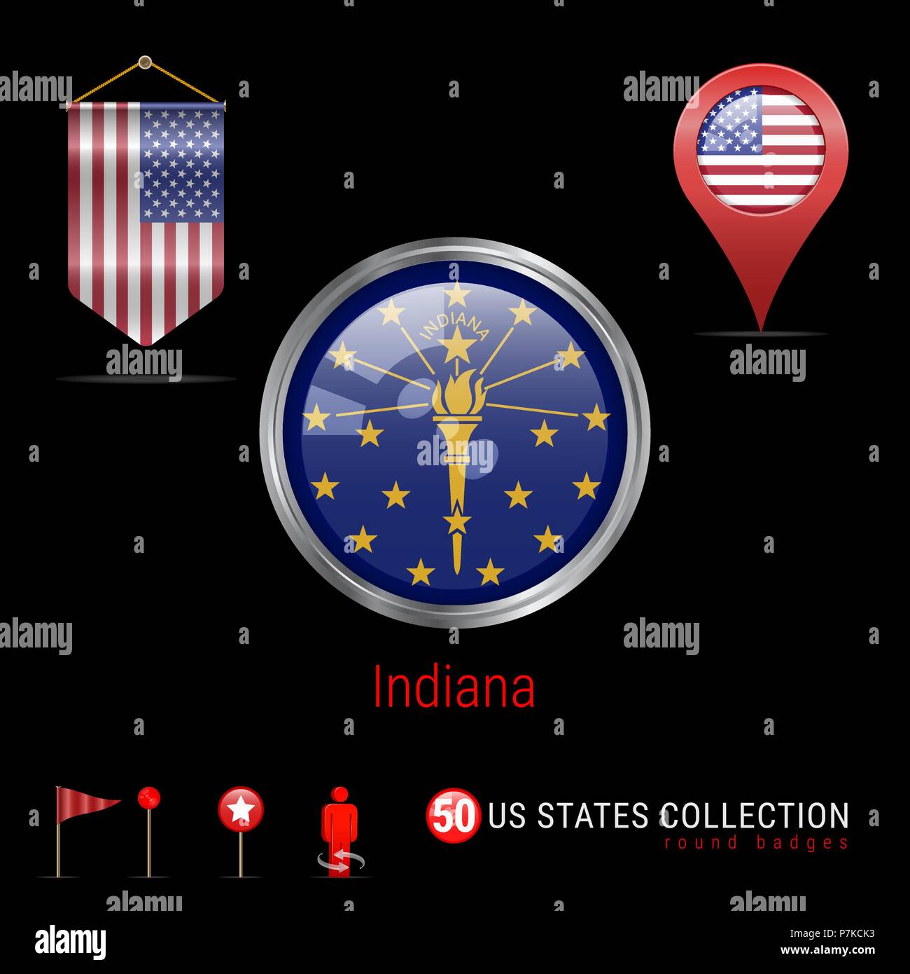 Round Chrome Vector Badge with Indiana US State Flag. Pennant Flag of ...