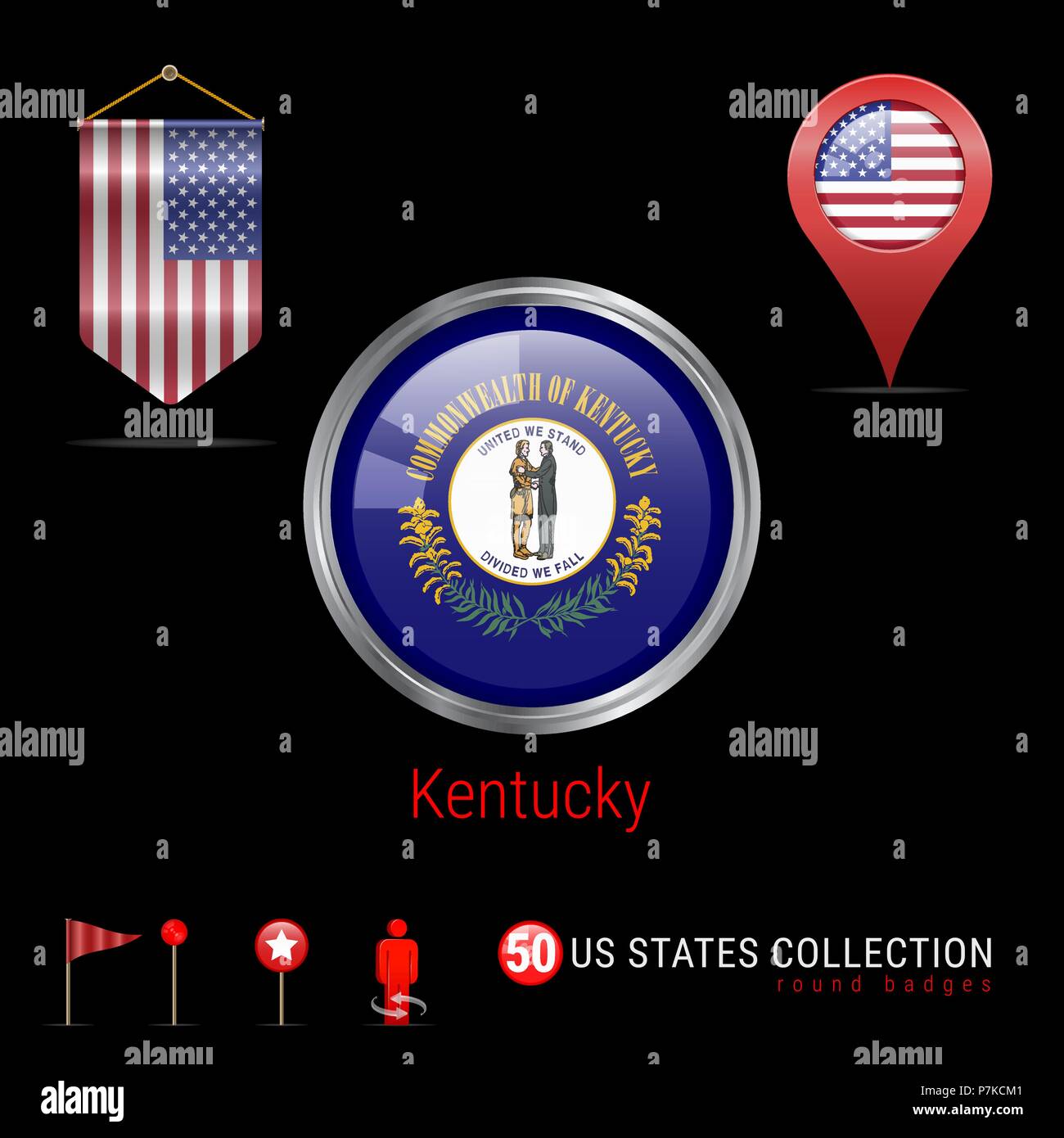 Round Chrome Vector Badge with Kentucky US State Flag. Pennant Flag of ...