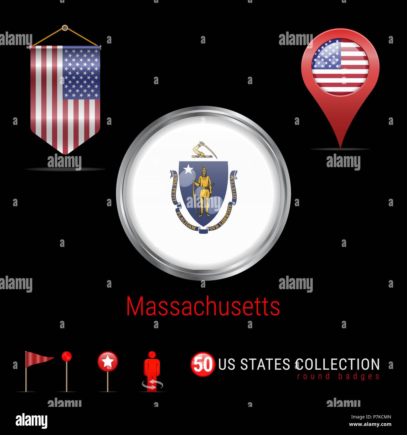 Round Chrome Vector Badge with Massachusetts US State Flag. Pennant ...
