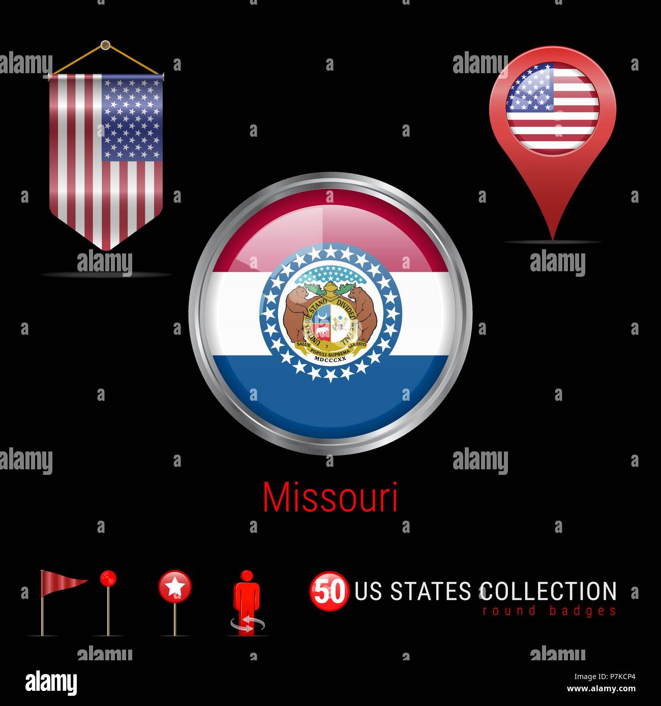 Round Chrome Vector Badge with Missouri US State Flag. Pennant Flag of ...
