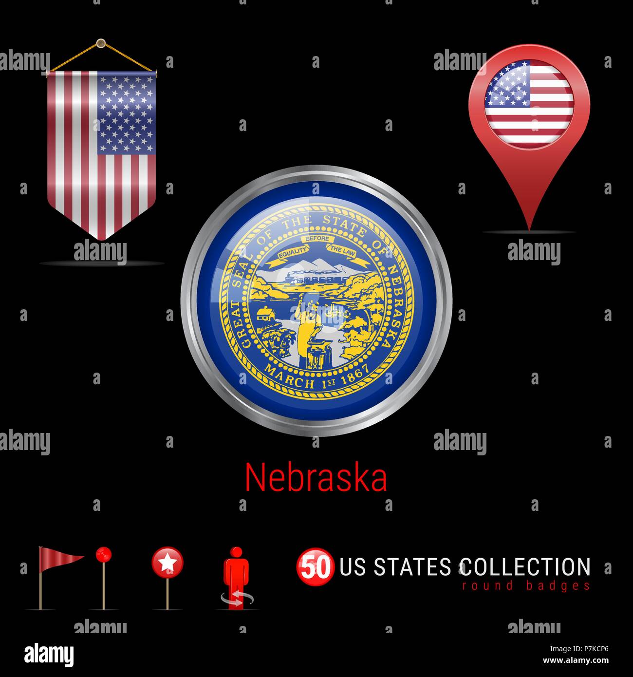 Round Chrome Vector Badge with Nebraska US State Flag. Pennant Flag of ...