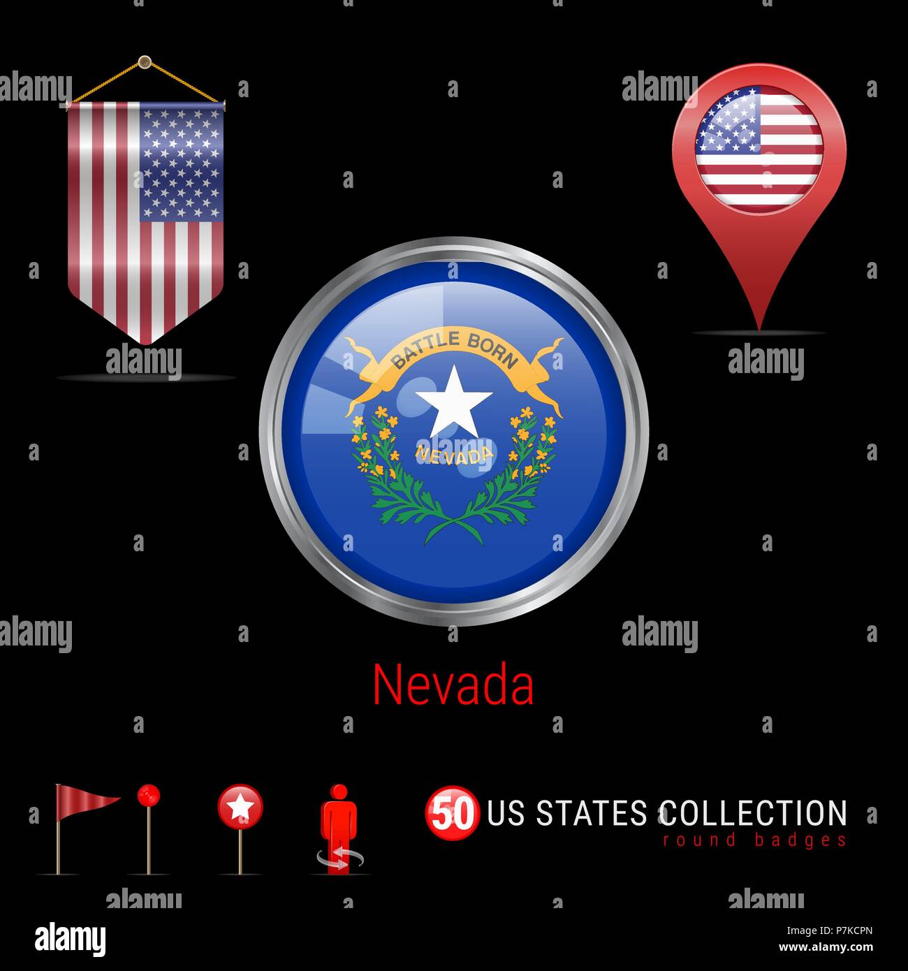 Round Chrome Vector Badge with Nevada US State Flag. Pennant Flag of ...
