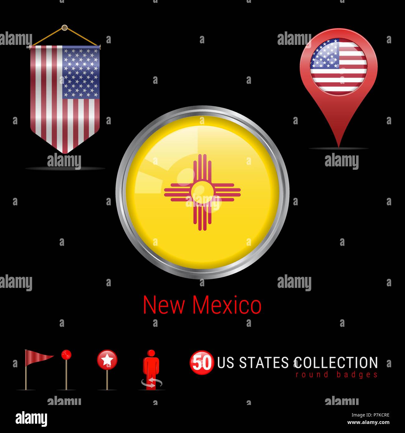 Round Chrome Vector Badge with New Mexico US State Flag. Pennant Flag ...