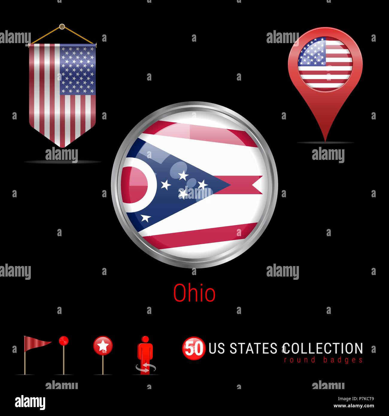 Round Chrome Vector Badge with Ohio US State Flag. Pennant Flag of USA. Map Pointer - USA. Map ...