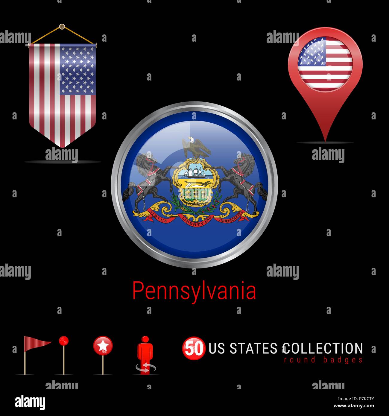 Round Chrome Vector Badge with Pennsylvania US State Flag. Pennant Flag ...