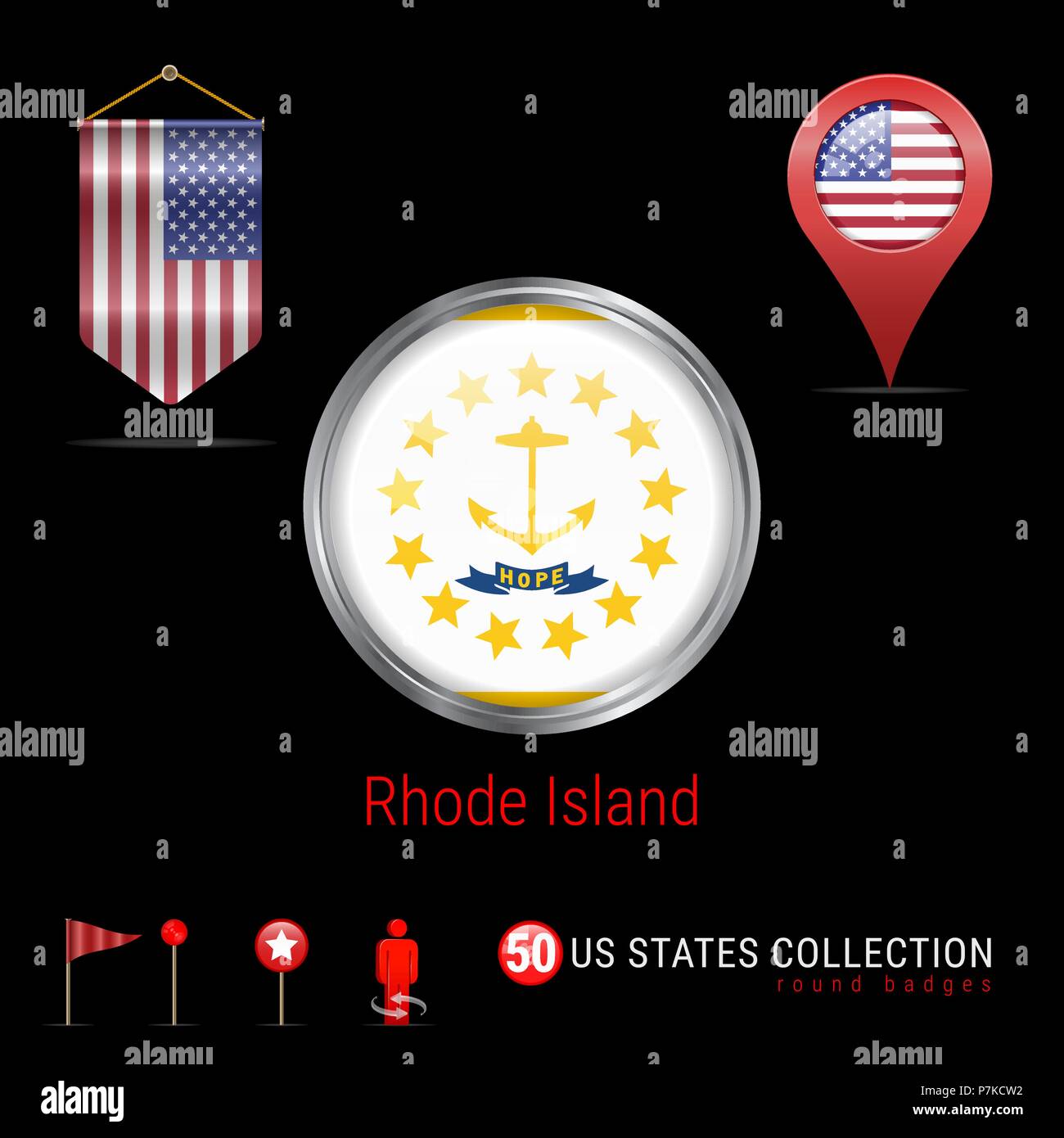 Round Chrome Vector Badge with Rhode Island US State Flag. Pennant Flag ...