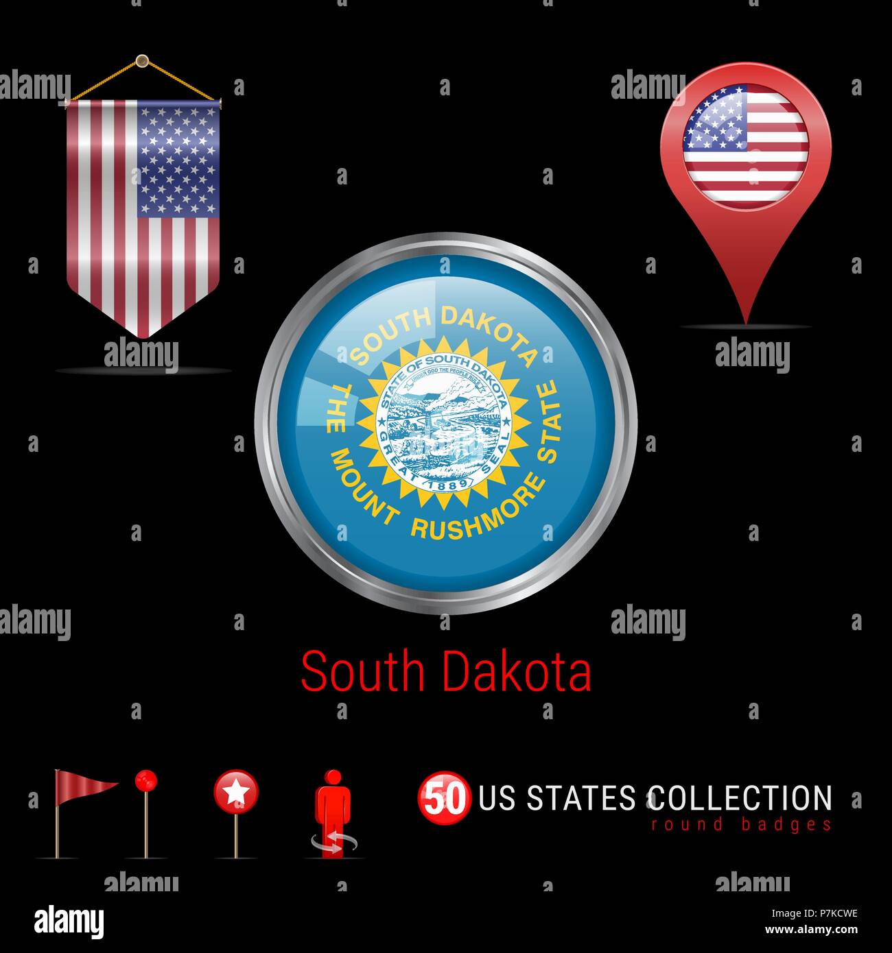 Round Chrome Vector Badge with South Dakota US State Flag. Pennant Flag ...