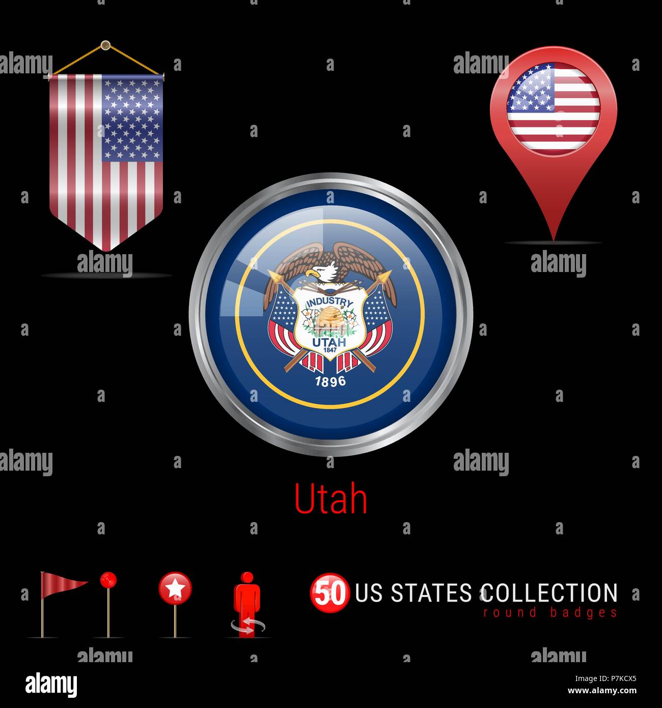 Round Chrome Vector Badge with Utah US State Flag. Pennant Flag of USA. Map Pointer - USA. Map ...