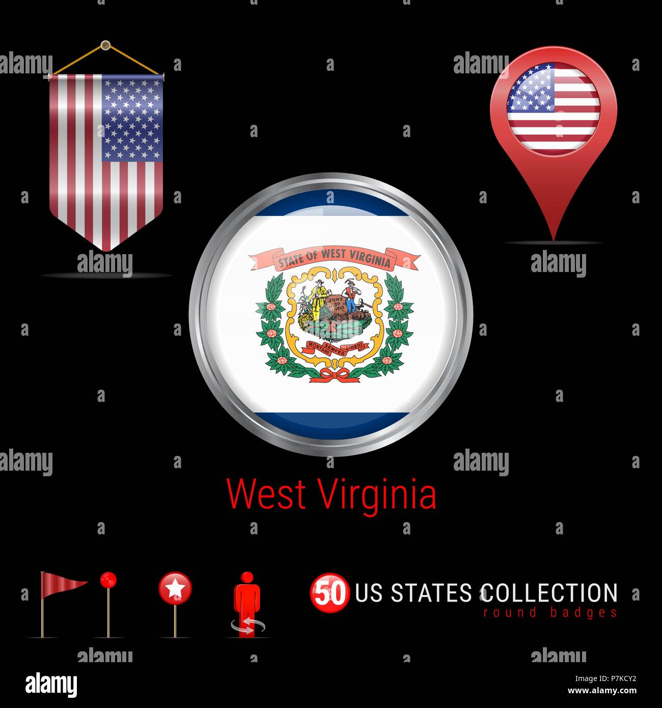 Round Chrome Vector Badge with West Virginia US State Flag. Pennant ...