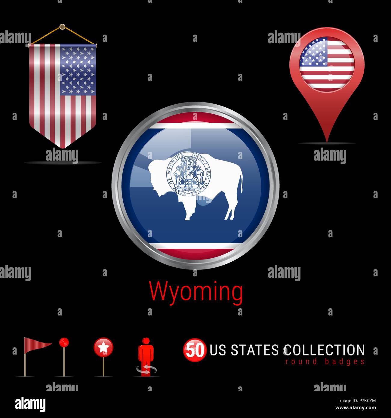 Round Chrome Vector Badge with Wyoming US State Flag. Pennant Flag of ...