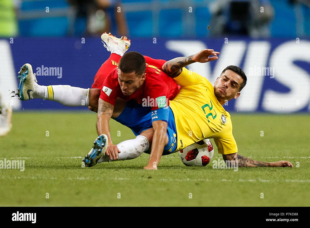 Eden Hazard of Belgium is fouled by Fagner of Brazil during the 2018 ...