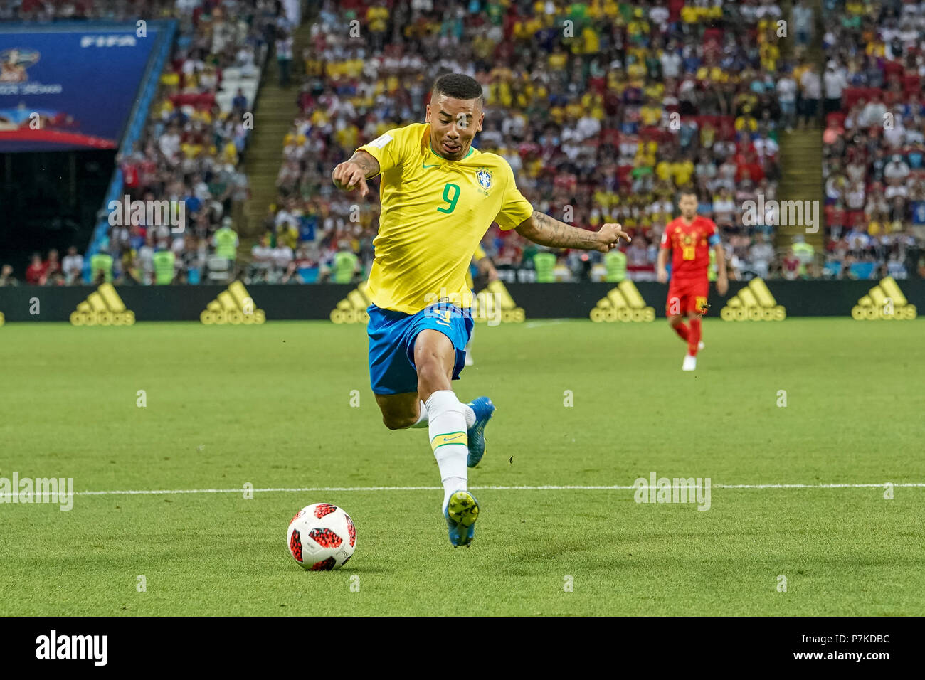 July 06, 2018: Gabriel Jesus of Brazil dribbling at Kazan Stadium ...