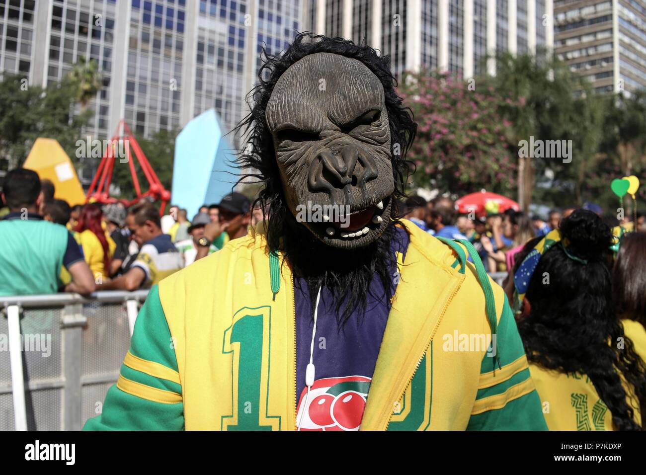Sao Paulo, Brazil. 6th July, 2018. Brazilian fans cry after watching ...