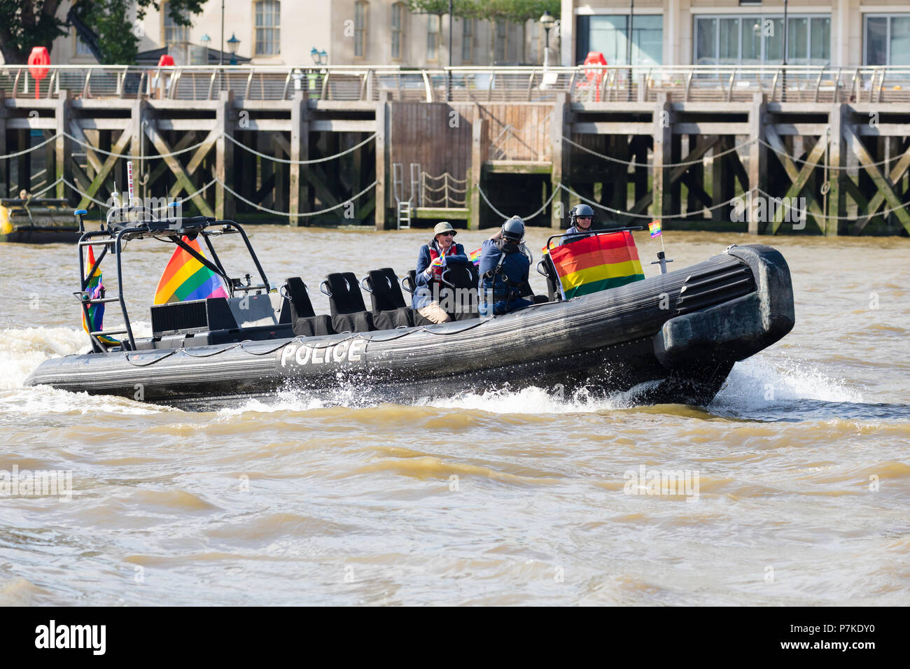 London, UK. 6th July 2018. A metropolitan police RIB boat with London ...