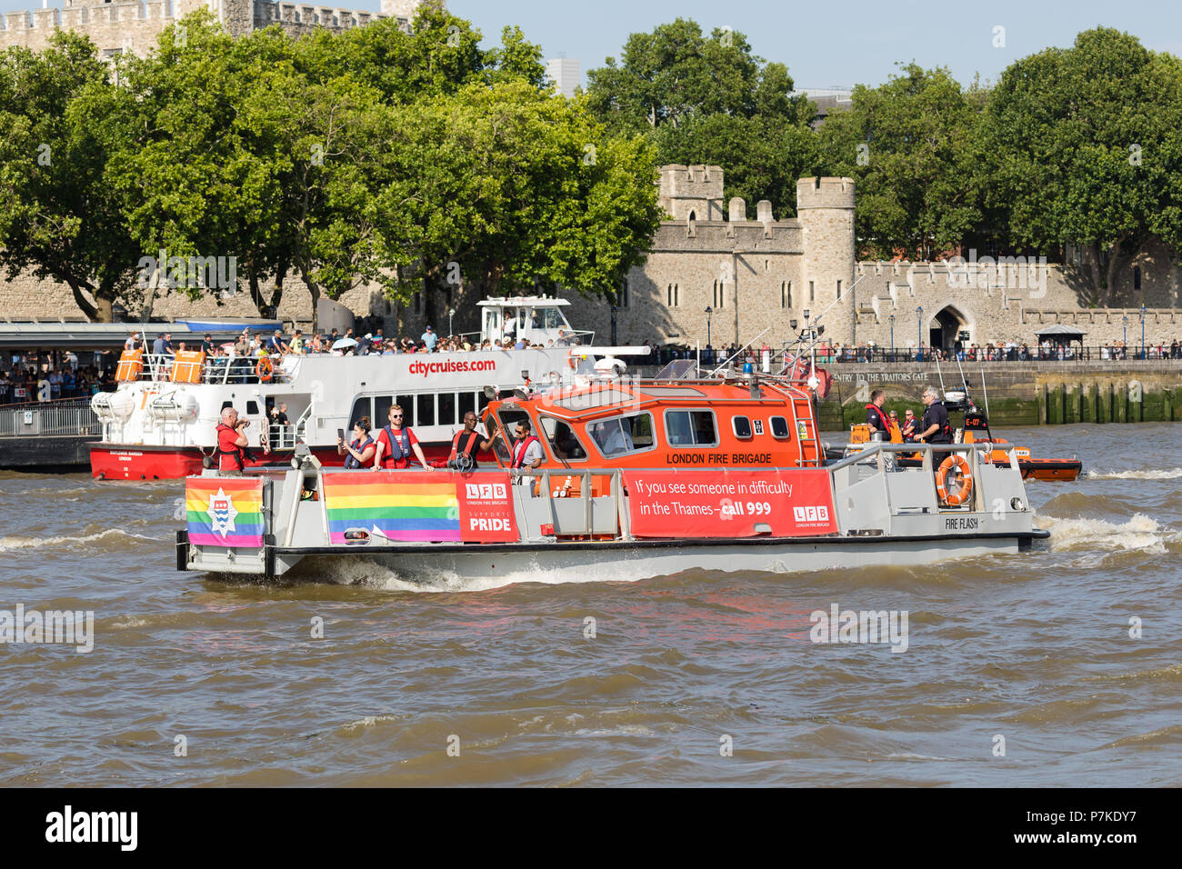 London, UK. 6th July 2018. A London Fire Brigade boat with London Pride ...
