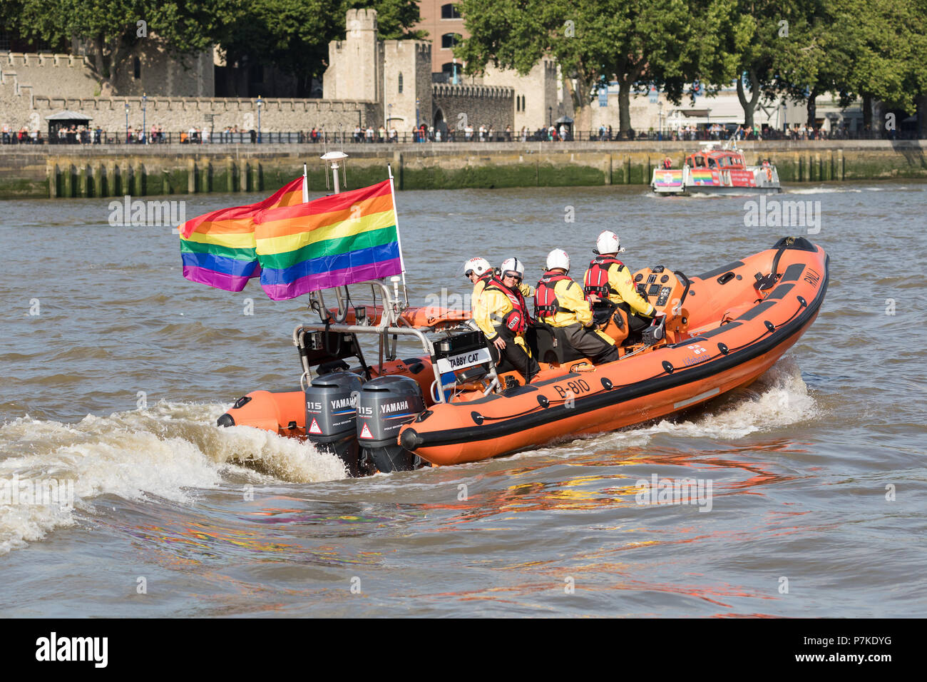 London, UK. 6th July 2018. An RNLI lifeboat with London Pride rainbow ...