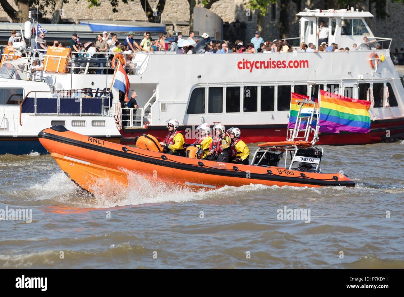 London, UK. 6th July 2018. An RNLI lifeboat with London Pride rainbow ...