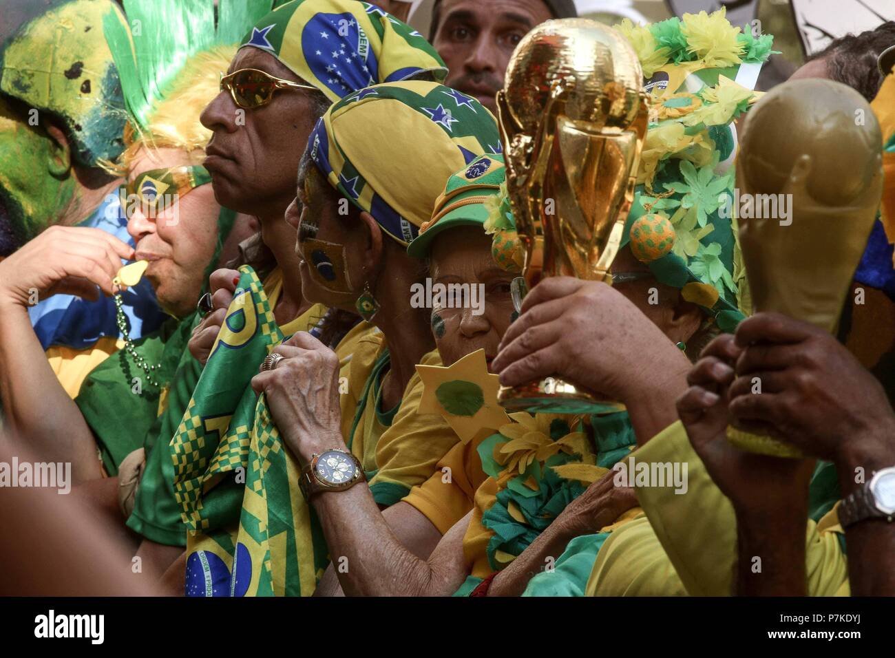 Sao Paulo, Brazil. 6th July, 2018. Brazilian fans cry after watching ...