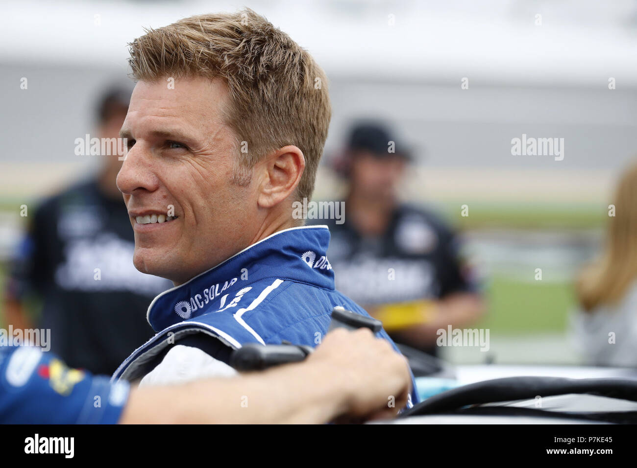 Daytona Beach, Florida, USA. 6th July, 2018. Jamie McMurray (1) hangs ...
