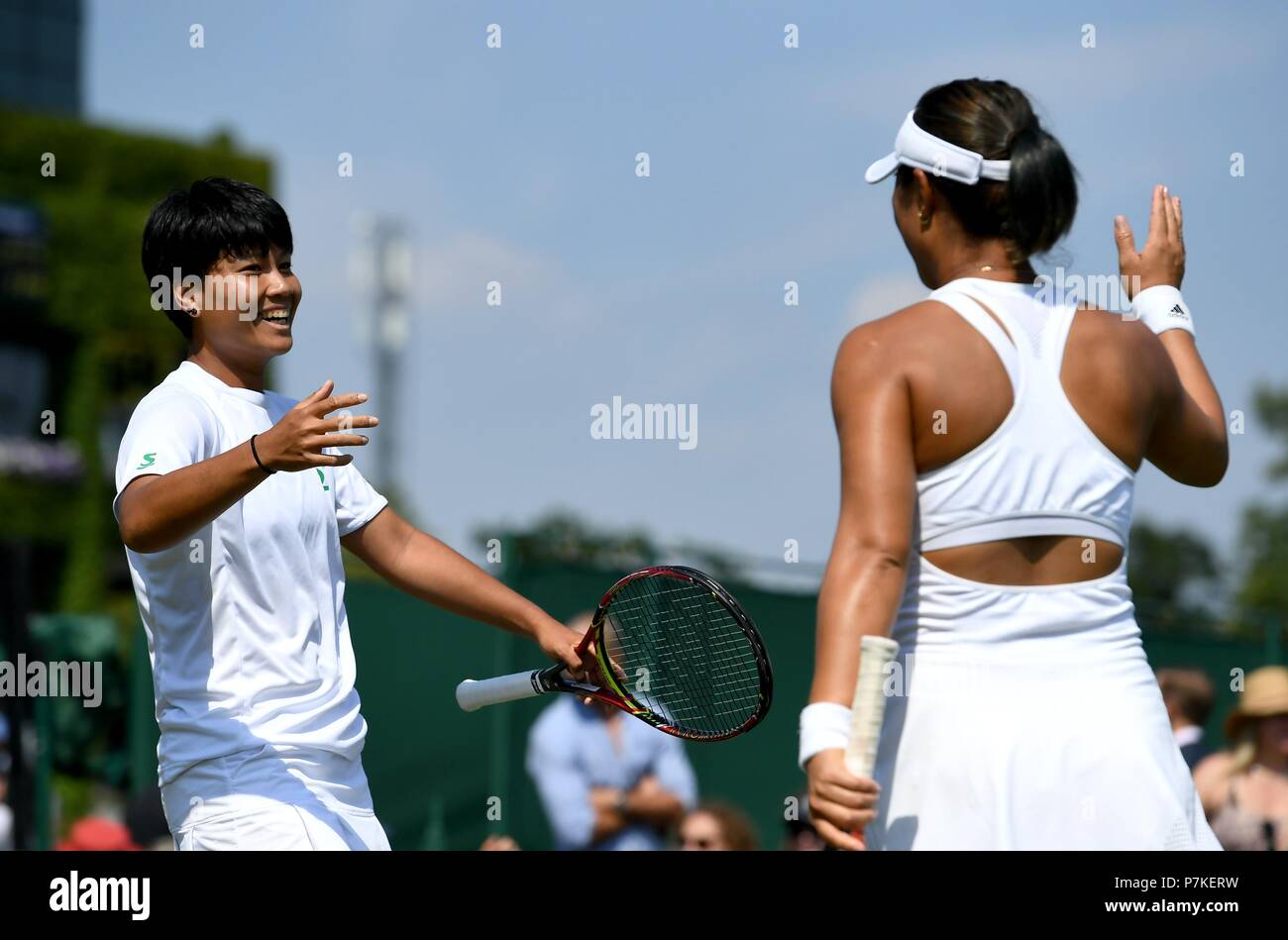 London, Britain. 6th July, 2018. Han Xinyun (R) of China and Luksika ...