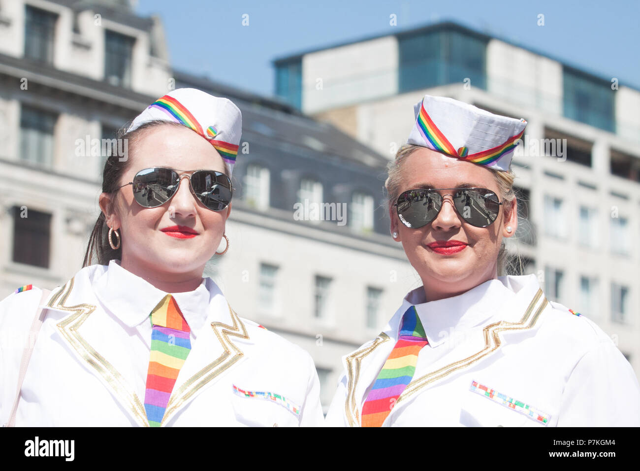 London, UK. 7th July 2018. Participants at London Pride with rainbow ...