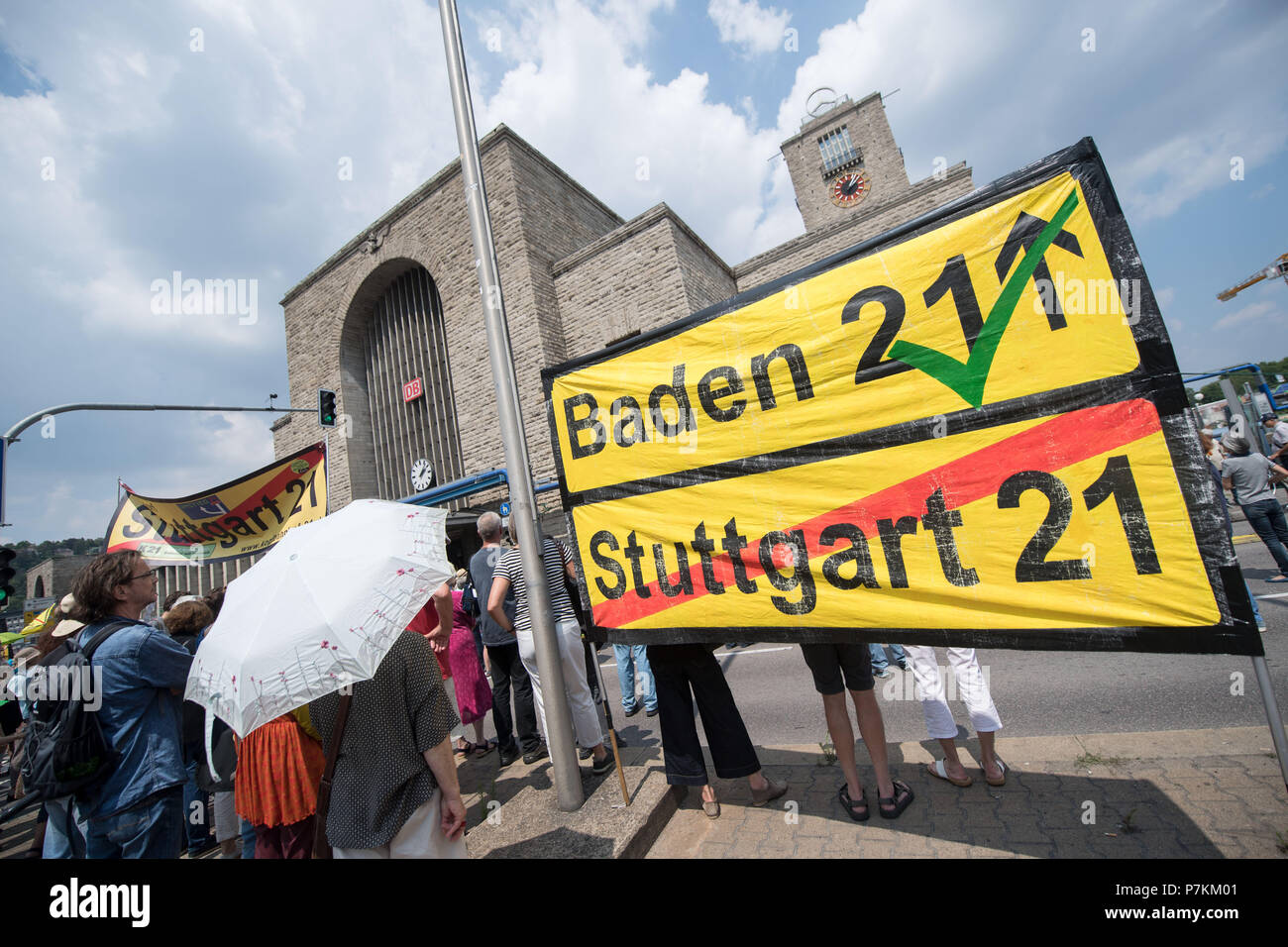 Stuttgart, Germany. 07th July, 2018. A banner protesting against the ...