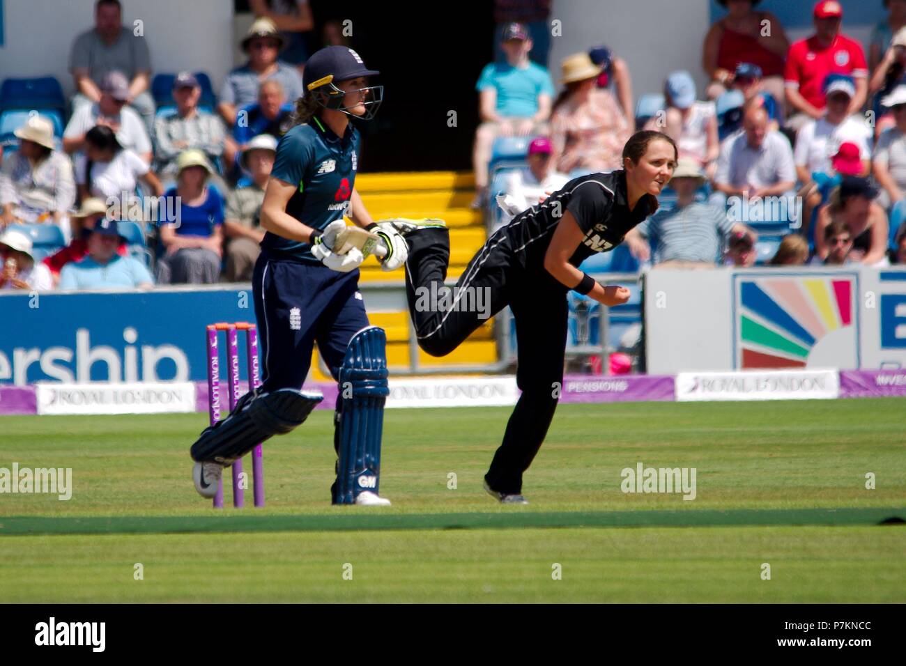 Leeds, England, 7 July 2018. Amelia Kerr bowling for New Zealand bowler ...