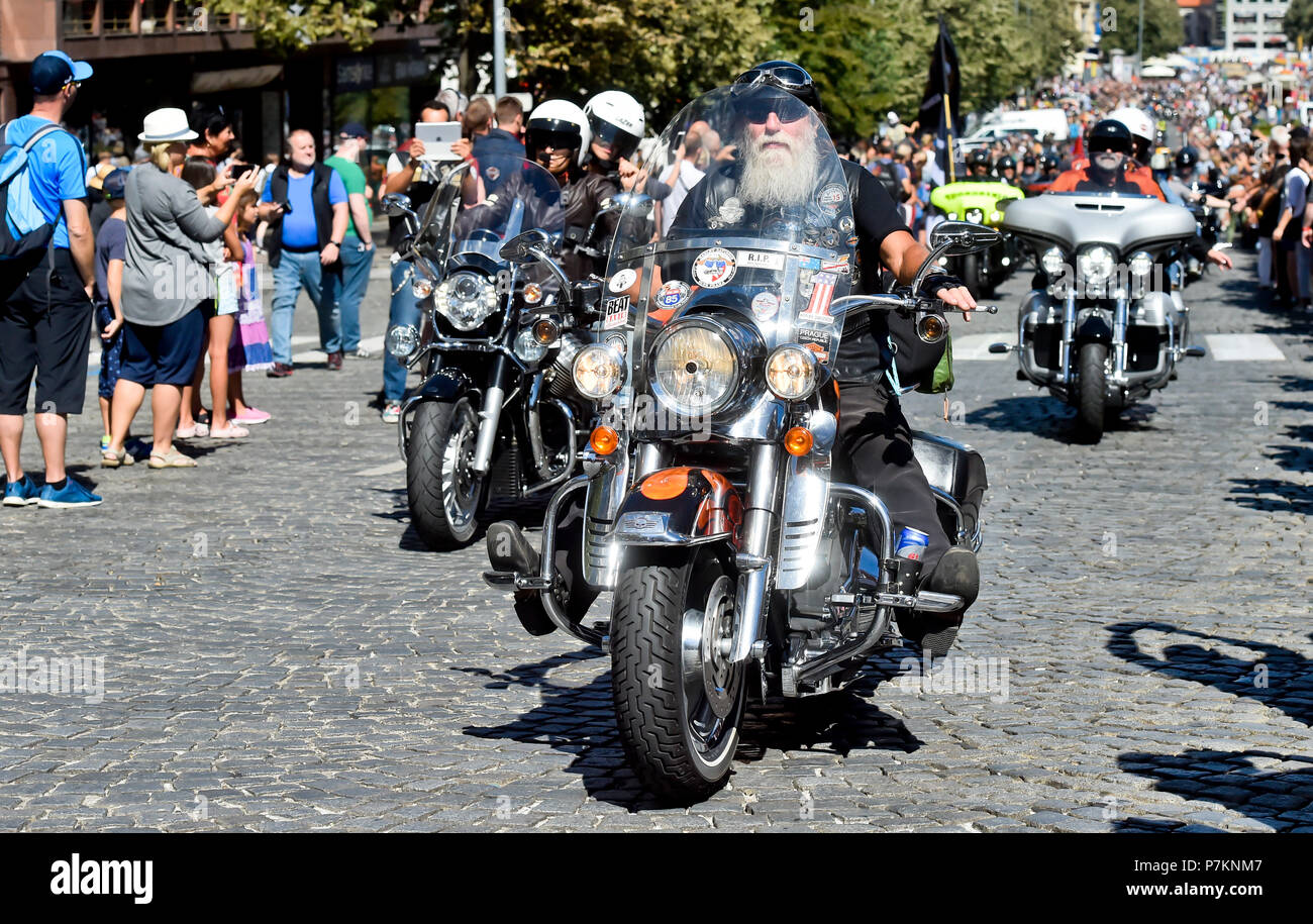 Prague, Czech Republic. 07th July, 2018. Motorcyclists ride through the ...