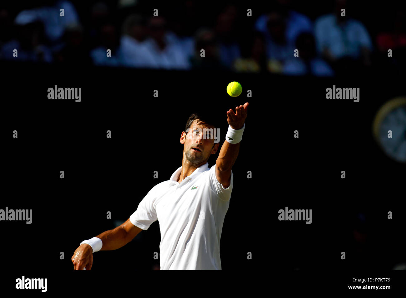 London, UK. 7th July 2018. Wimbledon Tennis: Novak Djokovic during his ...