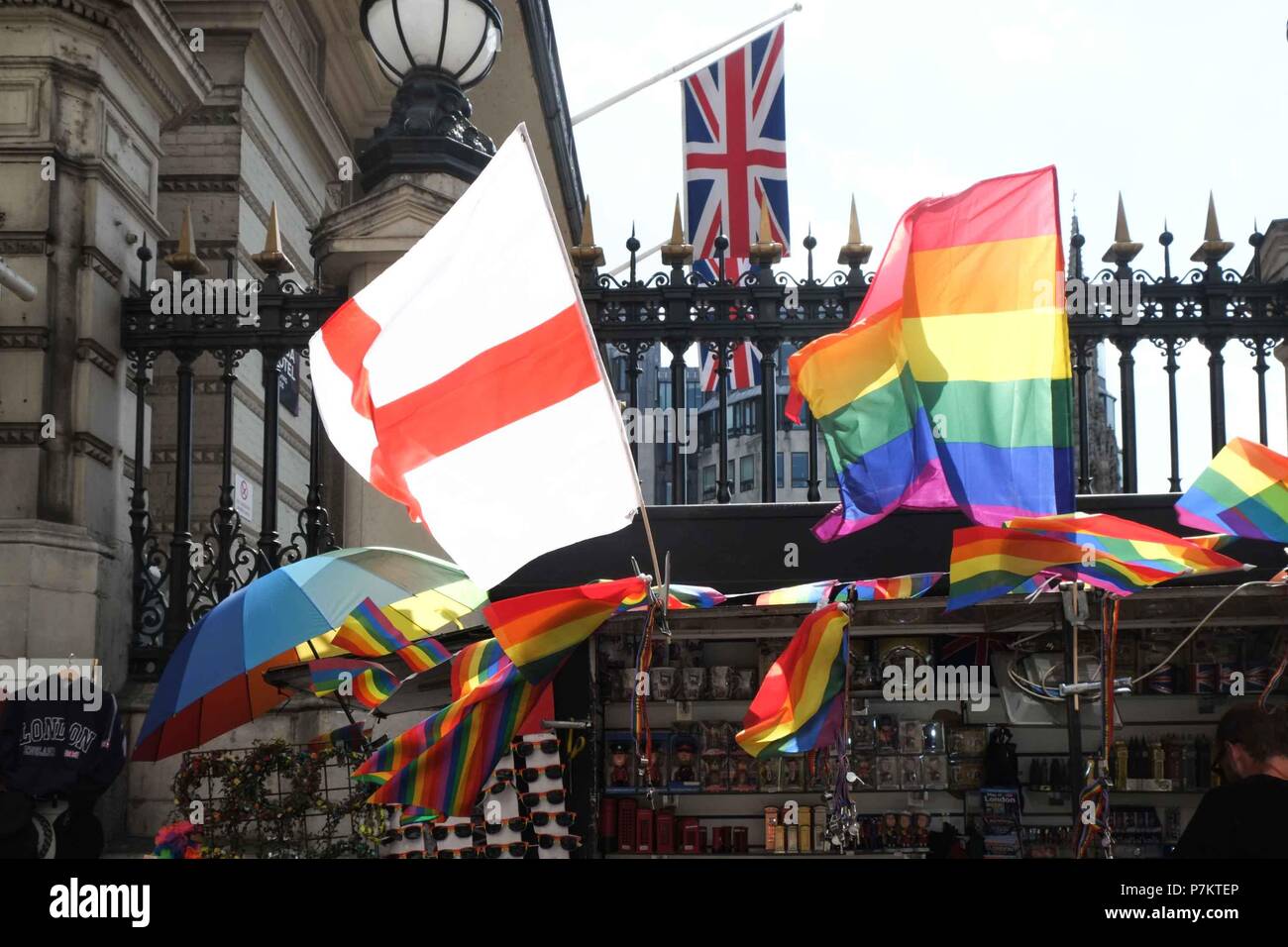 London 7th July 2018: England Flag and Rainbow Flag fly side by side at ...