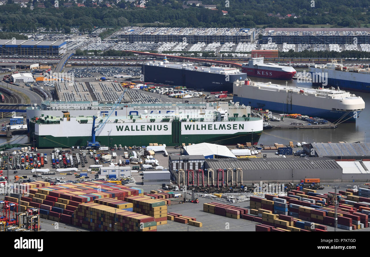 Bremen, Germany. 15th June, 2018. Aerial view of car transport ships in ...