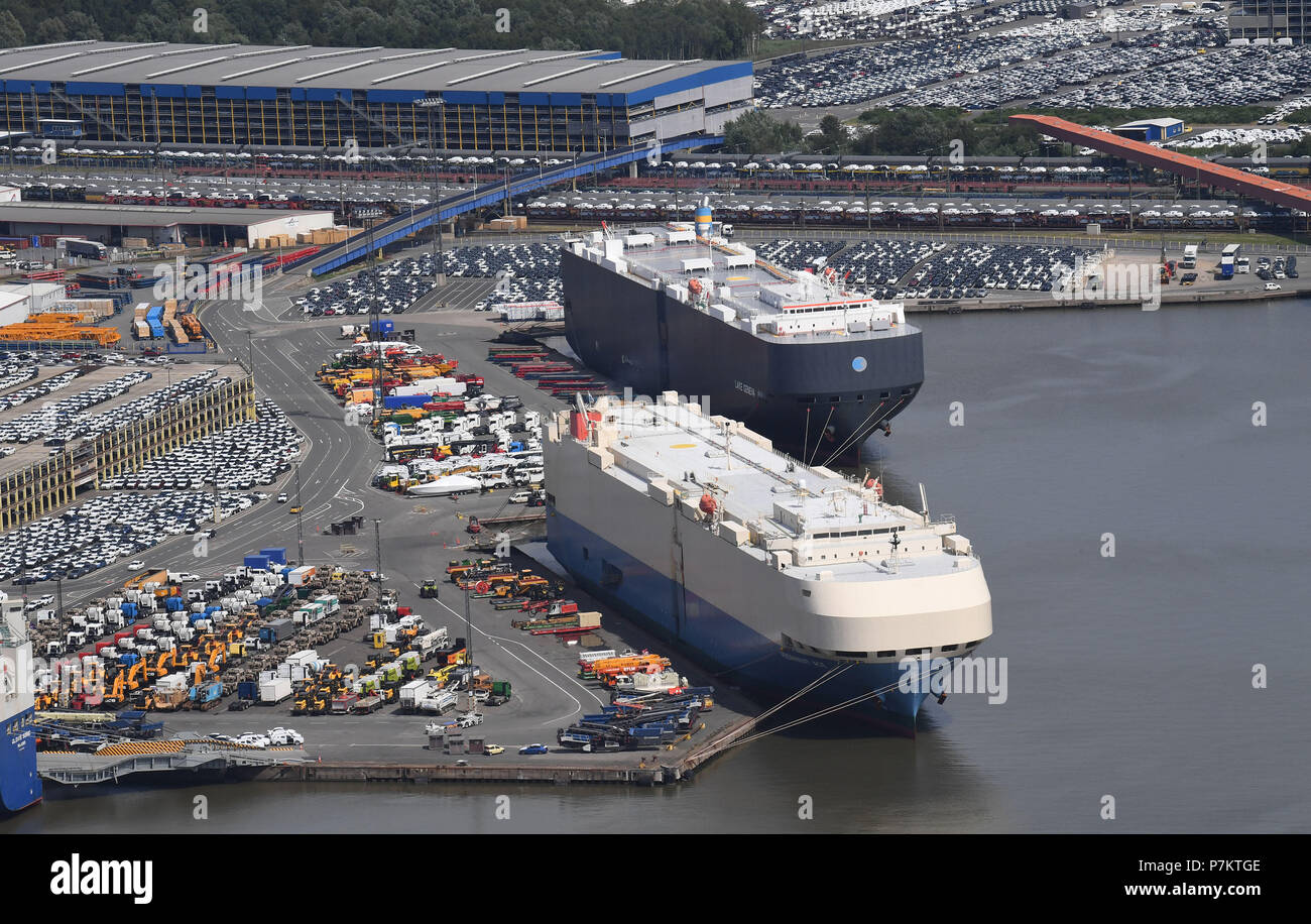 Bremen, Germany. 15th June, 2018. Aerial view of car transport ships in ...