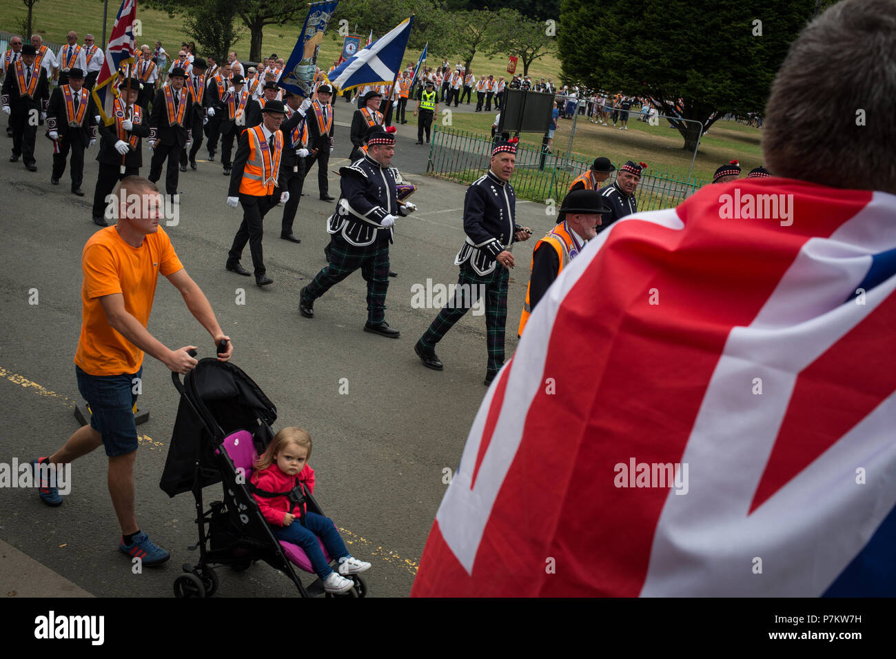 Glasgow, Scotland, on 7 July 2018. The annual Parade of Orange Order ...