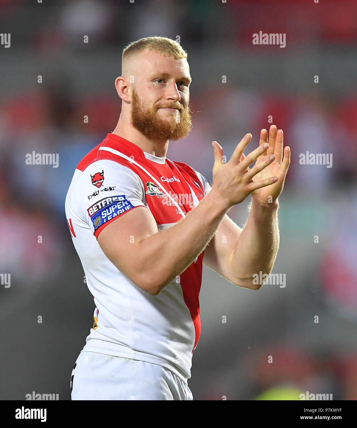 St Helens' Luke Thompson applauds the fans after the Betfred Super ...