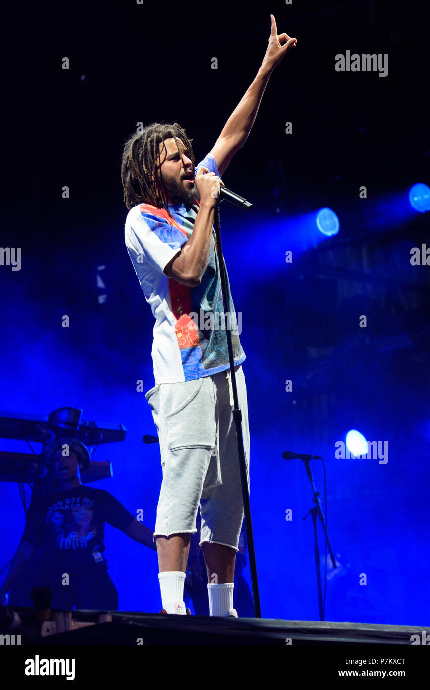 J. Cole performing on the first day of the Wireless Festival, in ...